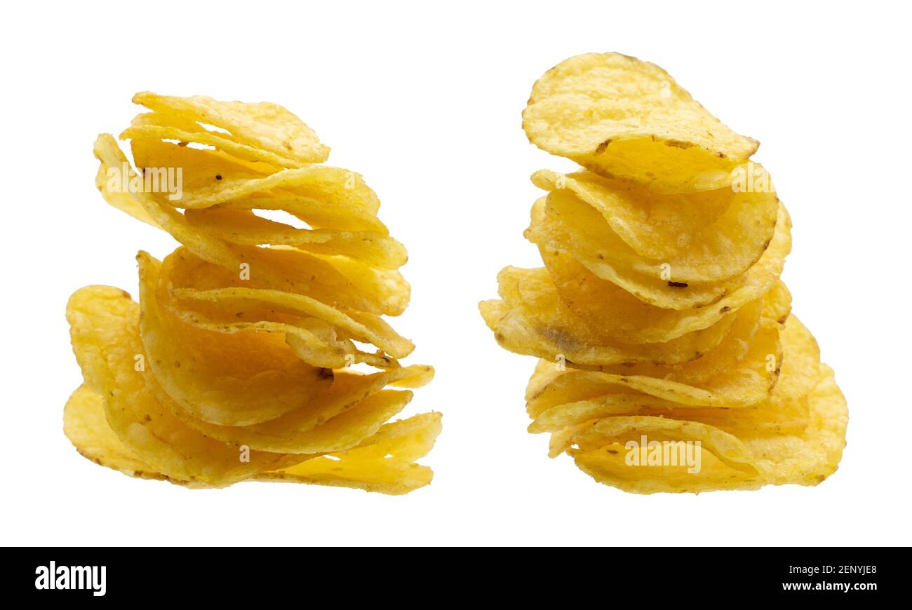 Collage of potato chips isolated on white background Stock Photo - Alamy