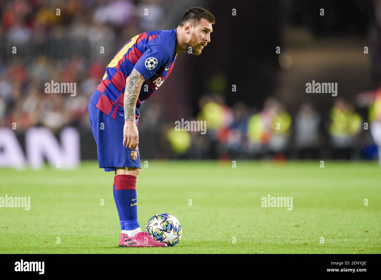 Lionel Messi of Barcelona prepares for a free kick during the UEFA ...