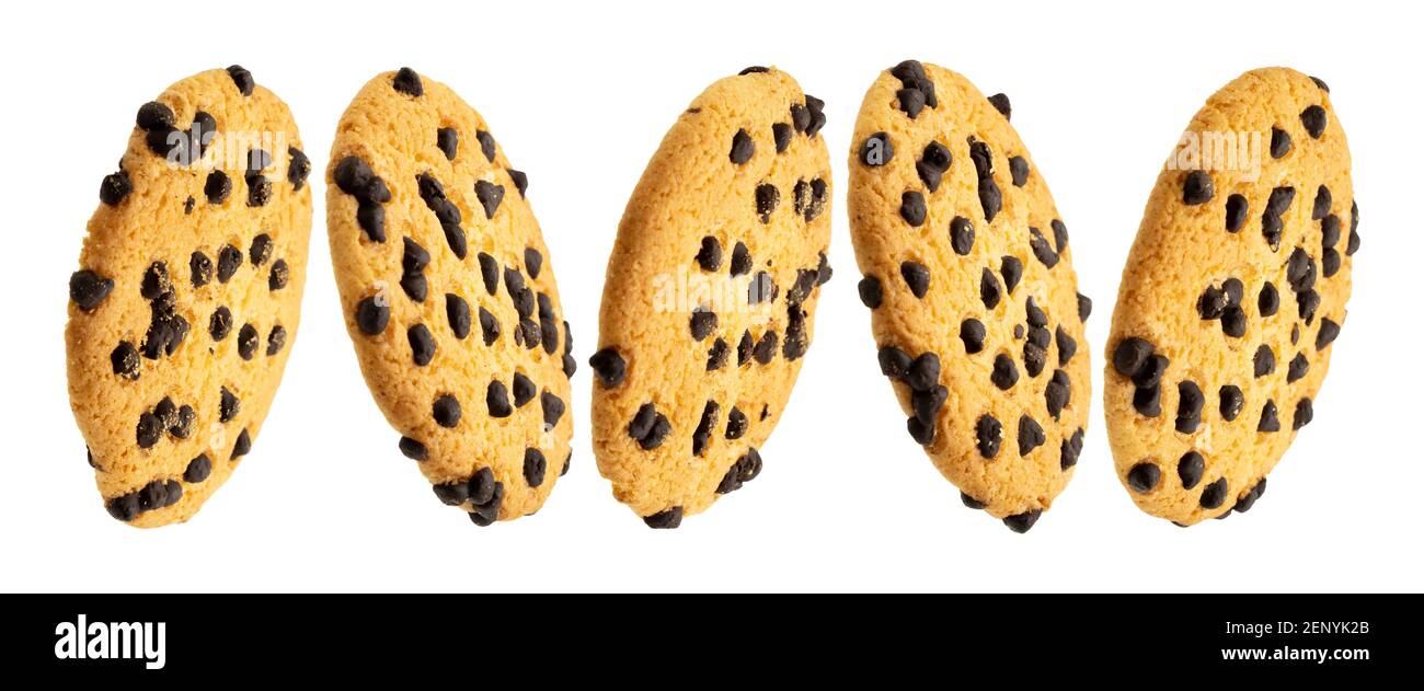 Falling chocolate chip cookies isolated on white background Stock Photo ...