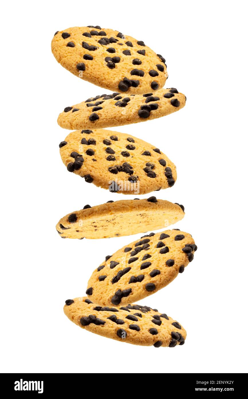 Falling chocolate chip cookies isolated on white background Stock Photo ...