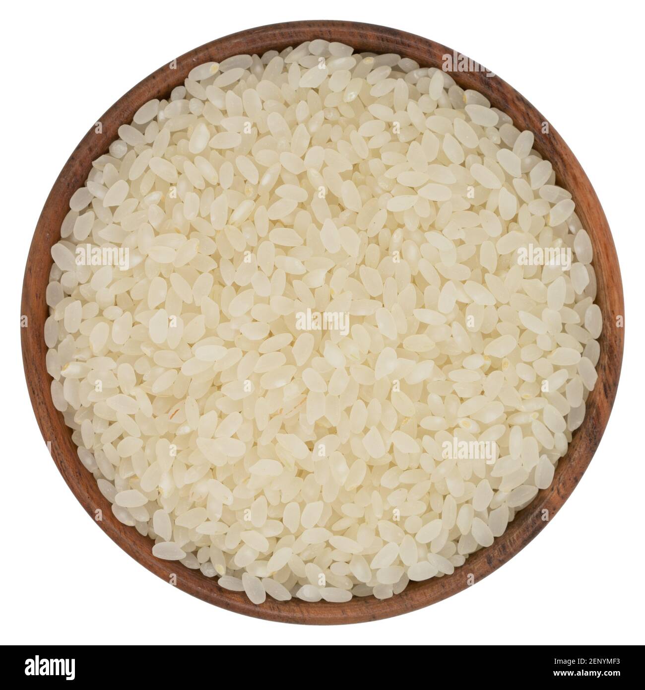 Round rice in wooden bowl isolated on white background. Top view Stock ...