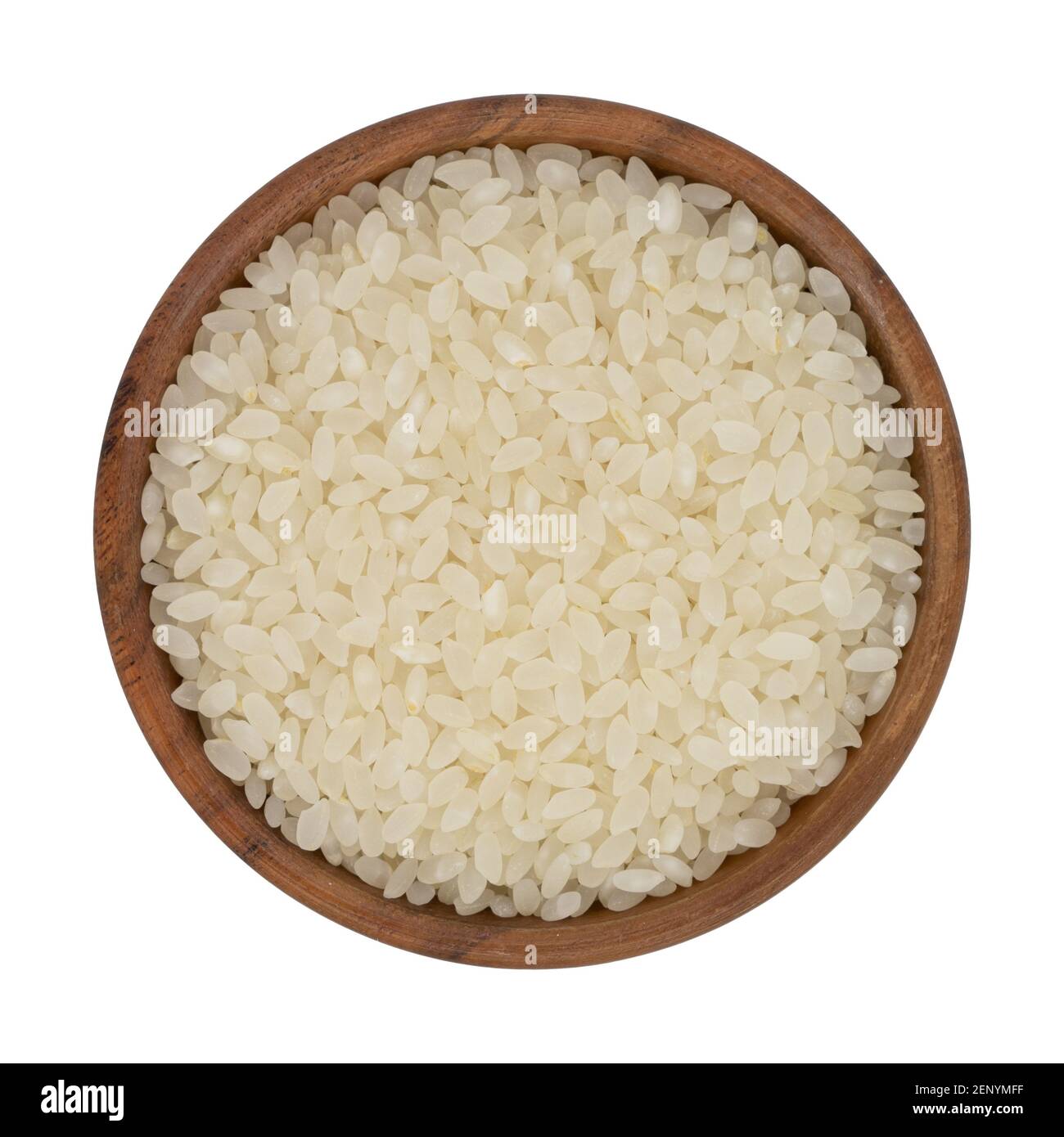 Round rice in wooden bowl isolated on white background. Top view Stock ...