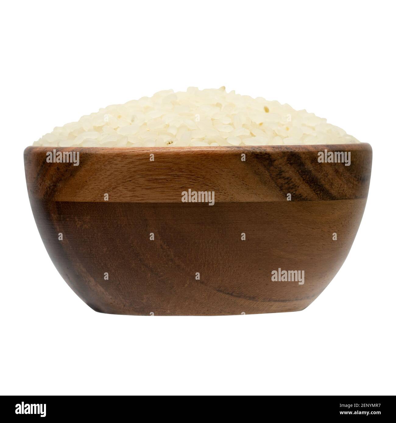 Round rice in wooden bowl isolated on white background Stock Photo - Alamy