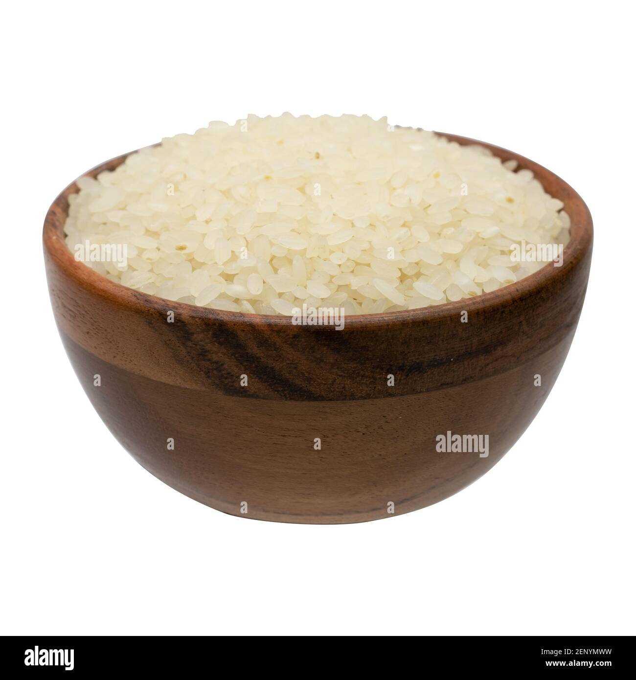 Round rice in wooden bowl isolated on white background Stock Photo - Alamy