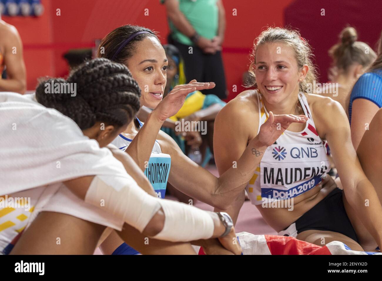 Nafissatou Thiam (L), Katarina Johnson -Thompson (C) and Hanne Maudens ...