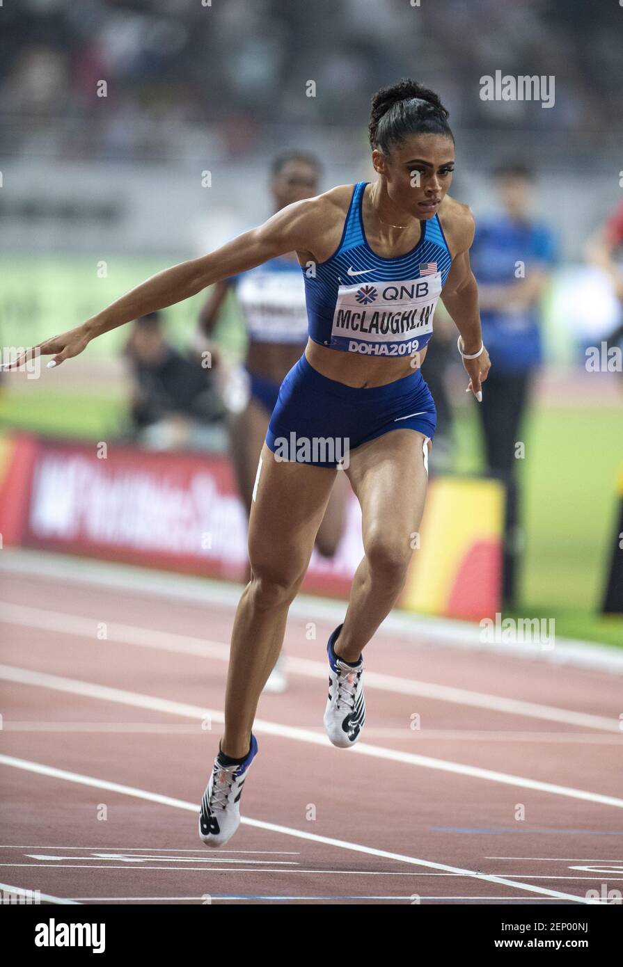 Sydney McLaughlin of the USA crossing the line to finish in second ...