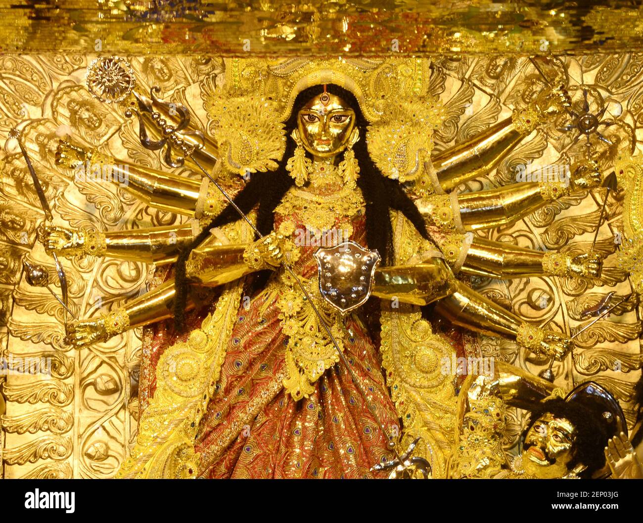 View of Durga Idol made of 50kg gold at Santosh Mitra Square Durga Puja ...