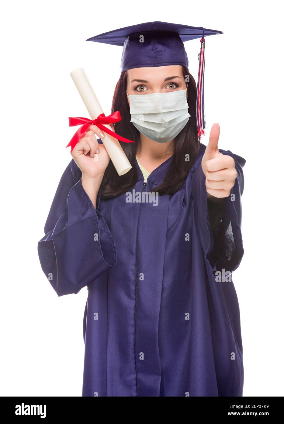 Graduating Female Wearing Medical Face Mask and Cap and Gown Give a ...