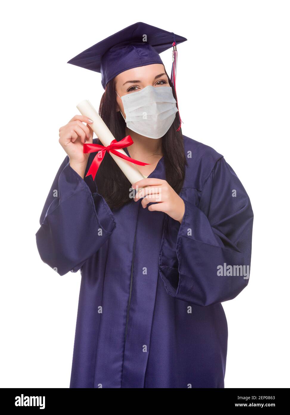 Graduating Female Wearing Medical Face Mask and Cap and Gown Isolated ...
