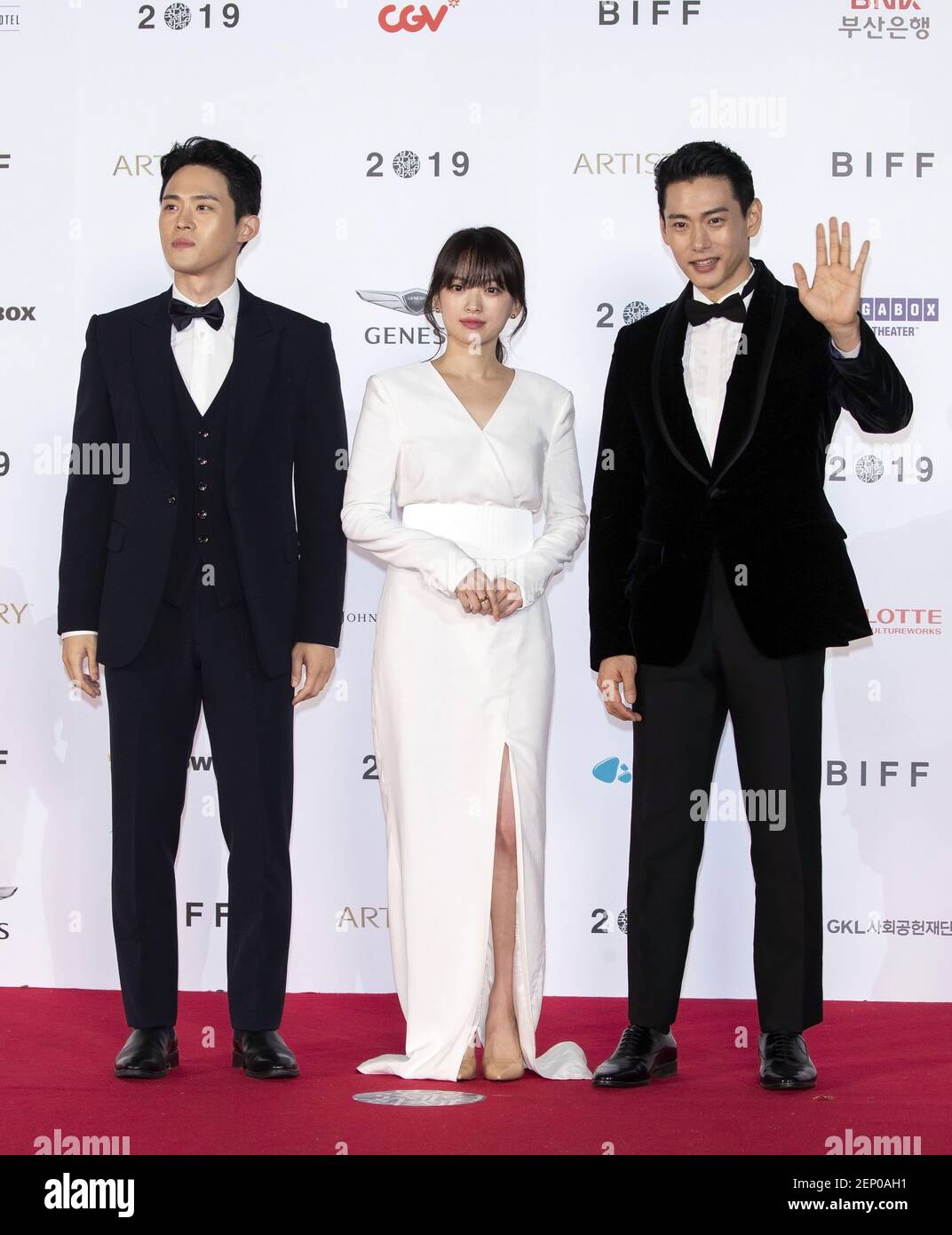 (L to R) South Korean actors Jung Jae-kwang, Chun Woo-hee, Yoo Tae-ho, arrives red carpet for ...