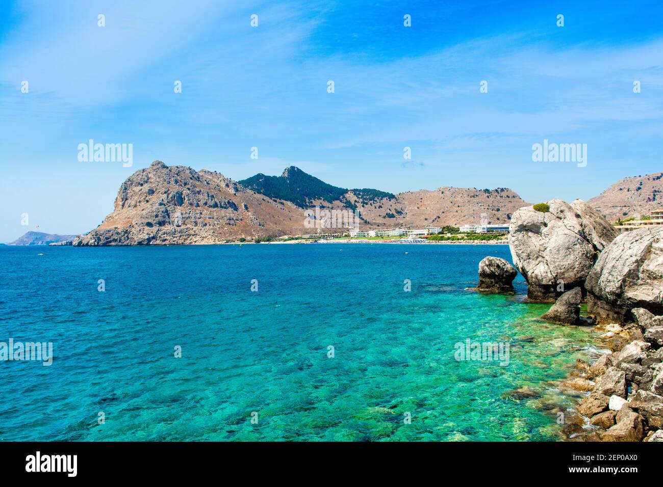 Landscape of beautiful Kolymbia bay in Rhodes island with mountain and ...