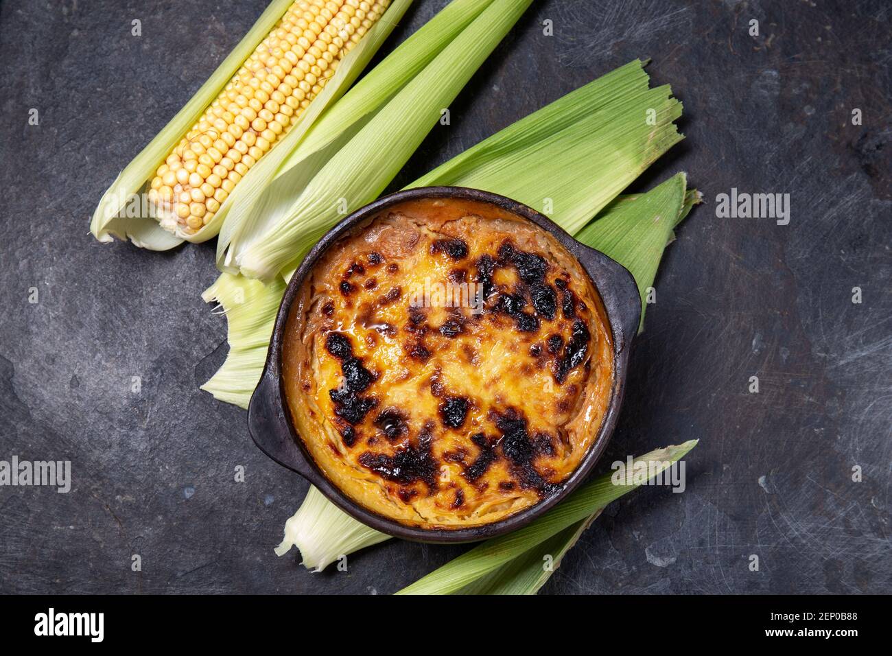 Chilean food. Traditional Pastel de Choclo corn pie. Beef meat with ...