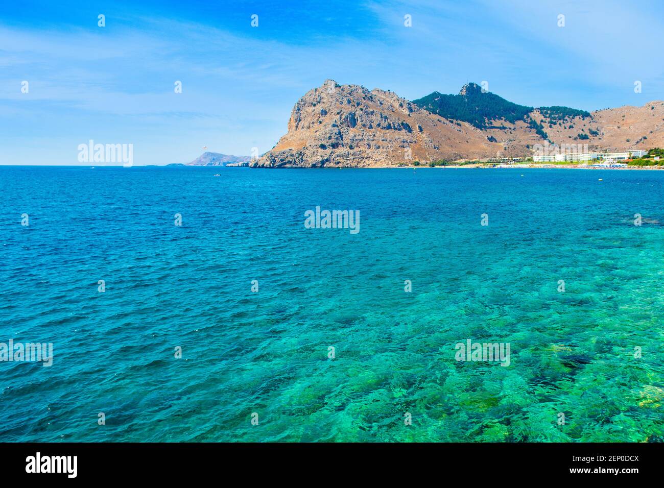 Landscape of beautiful Kolymbia bay in Rhodes island with mountain and ...