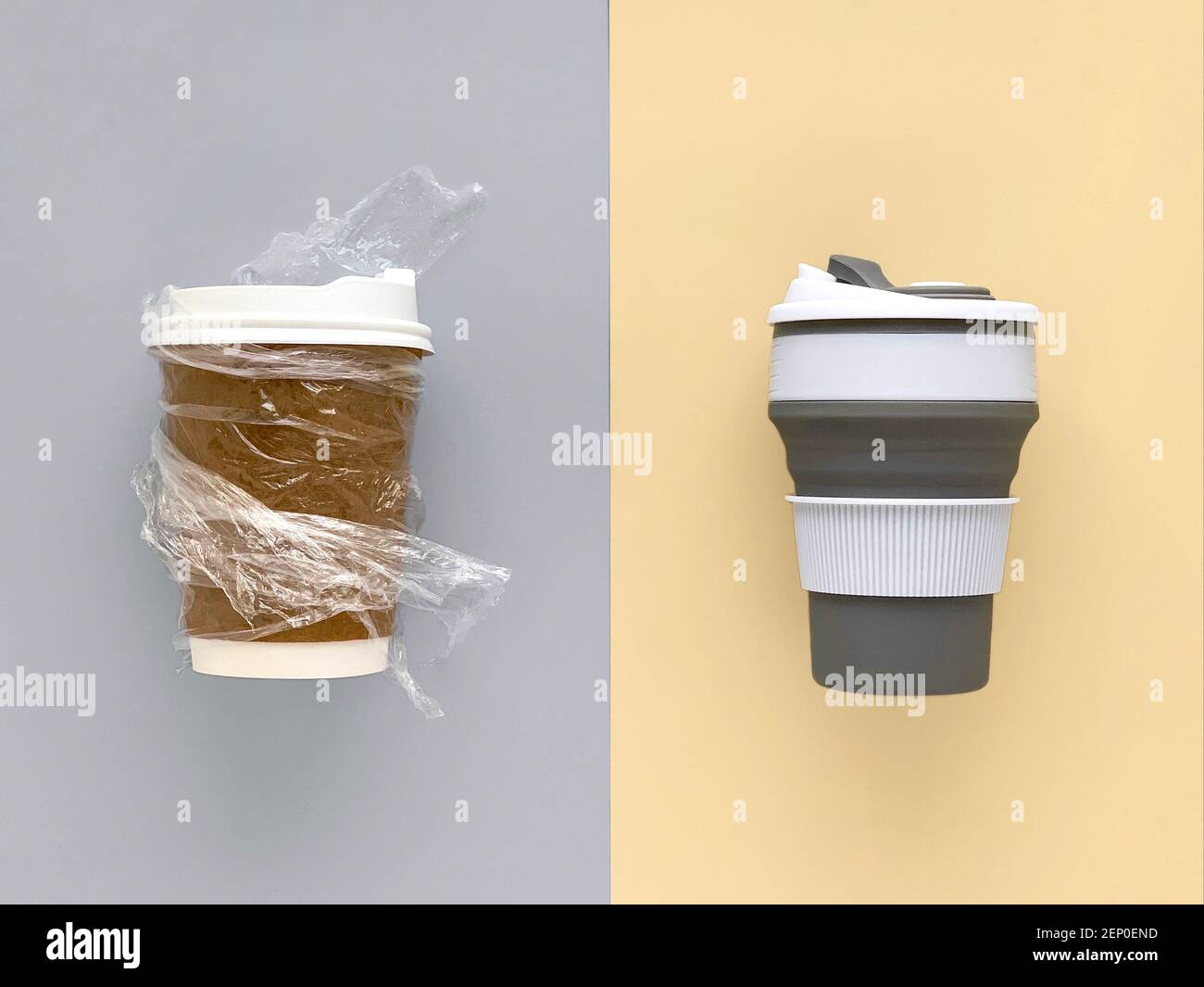 Disposable coffee cup vs reusable mug, ecology concept, recyclable ...