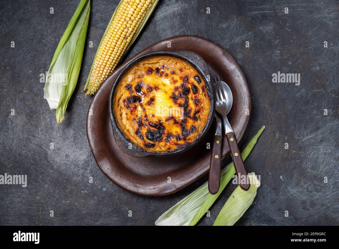 Chilean food. Traditional Pastel de Choclo corn pie. Beef meat with ...