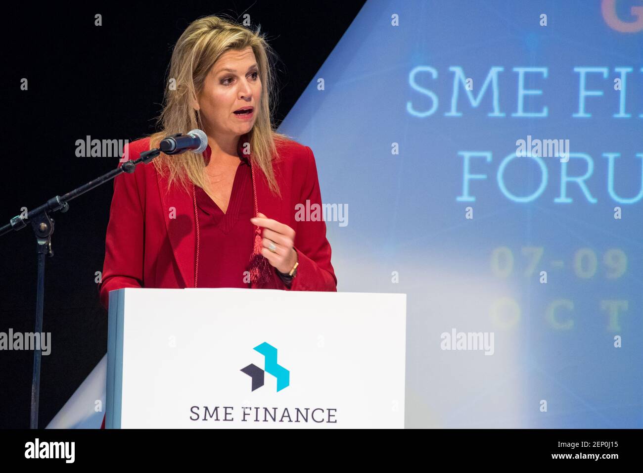 Queen Maxima gives a speech at Global SME Finance Forum 2019, Schiphol ...