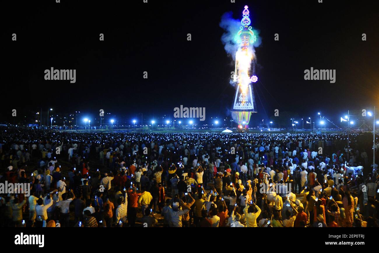 CHANDIGARH, INDIA - OCTOBER 8: A 221 feet high Ravana effigy is burnt ...
