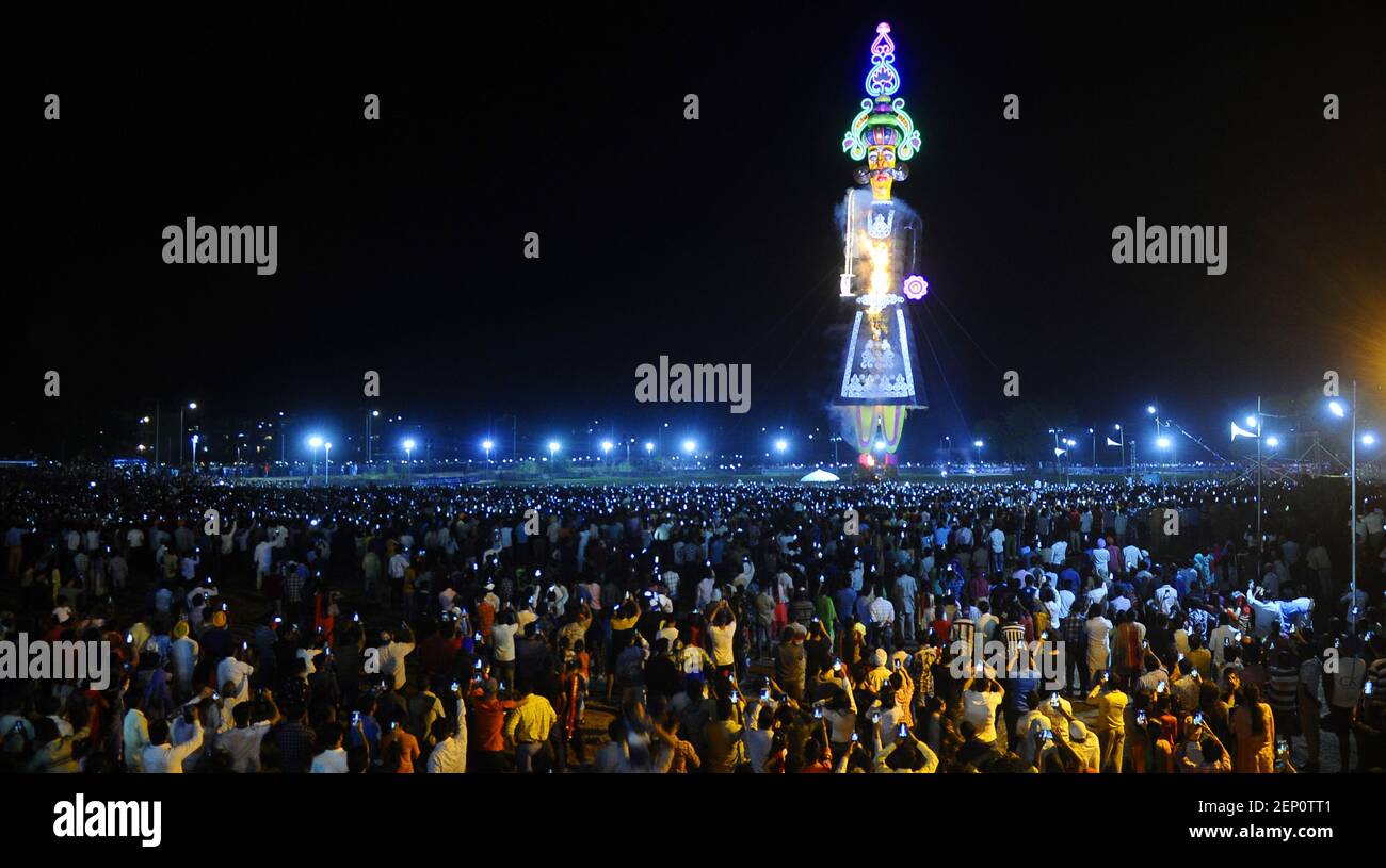 CHANDIGARH, INDIA - OCTOBER 8: A 221 feet high Ravana effigy is burnt ...