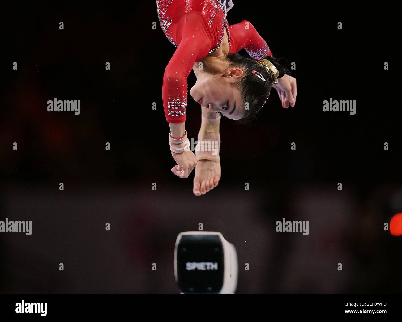 October 8, 2019: Shijia Li of China competing in balance beam for women ...