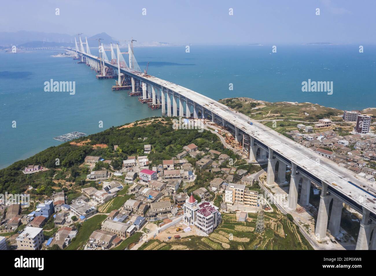 Aerial view of the Pingtan Haixia Rail-Road Bridge completed in Fuzhou ...