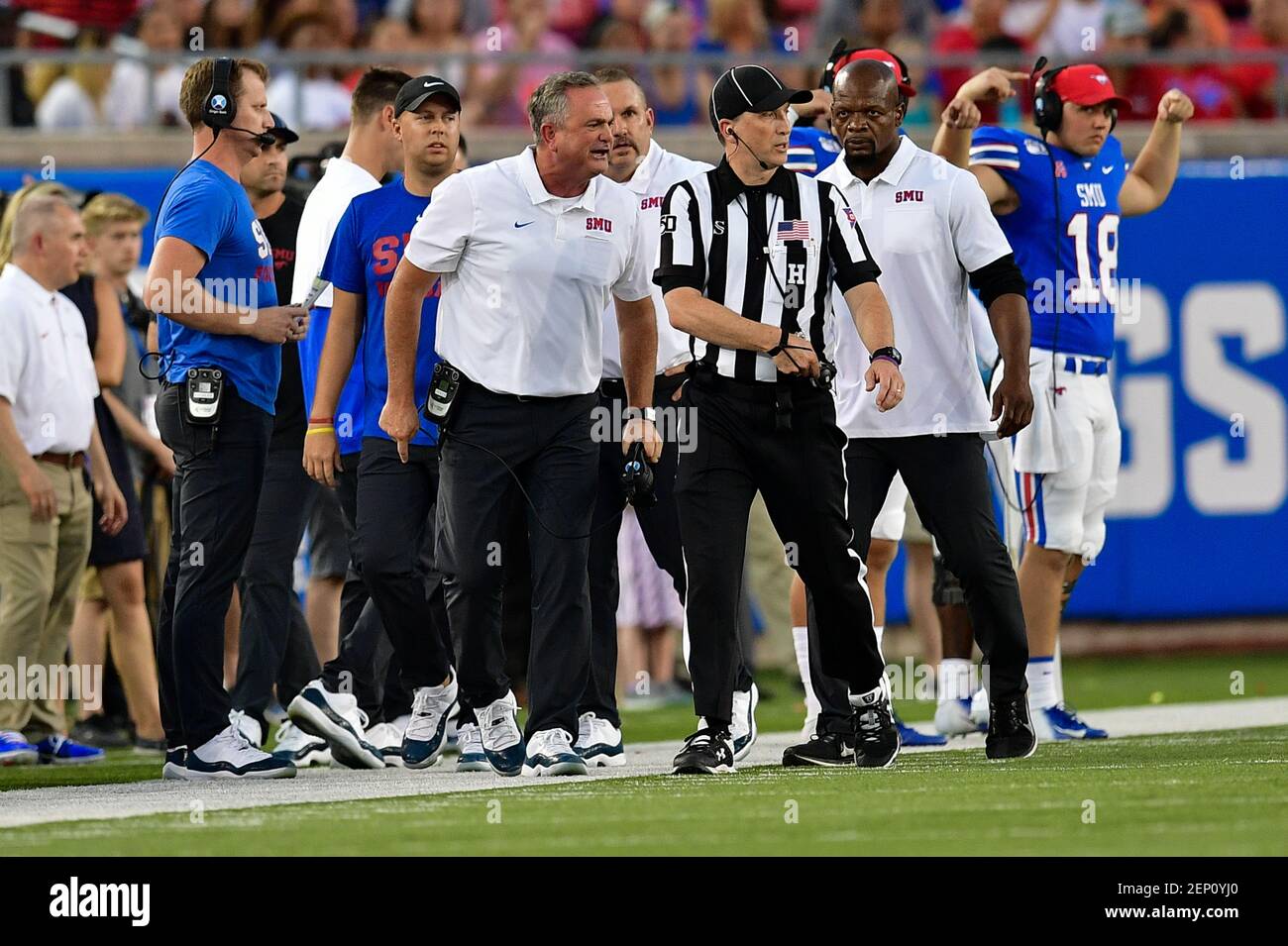 Southern Methodist Mustangs head coach Sonny Dykes upset with a call by ...