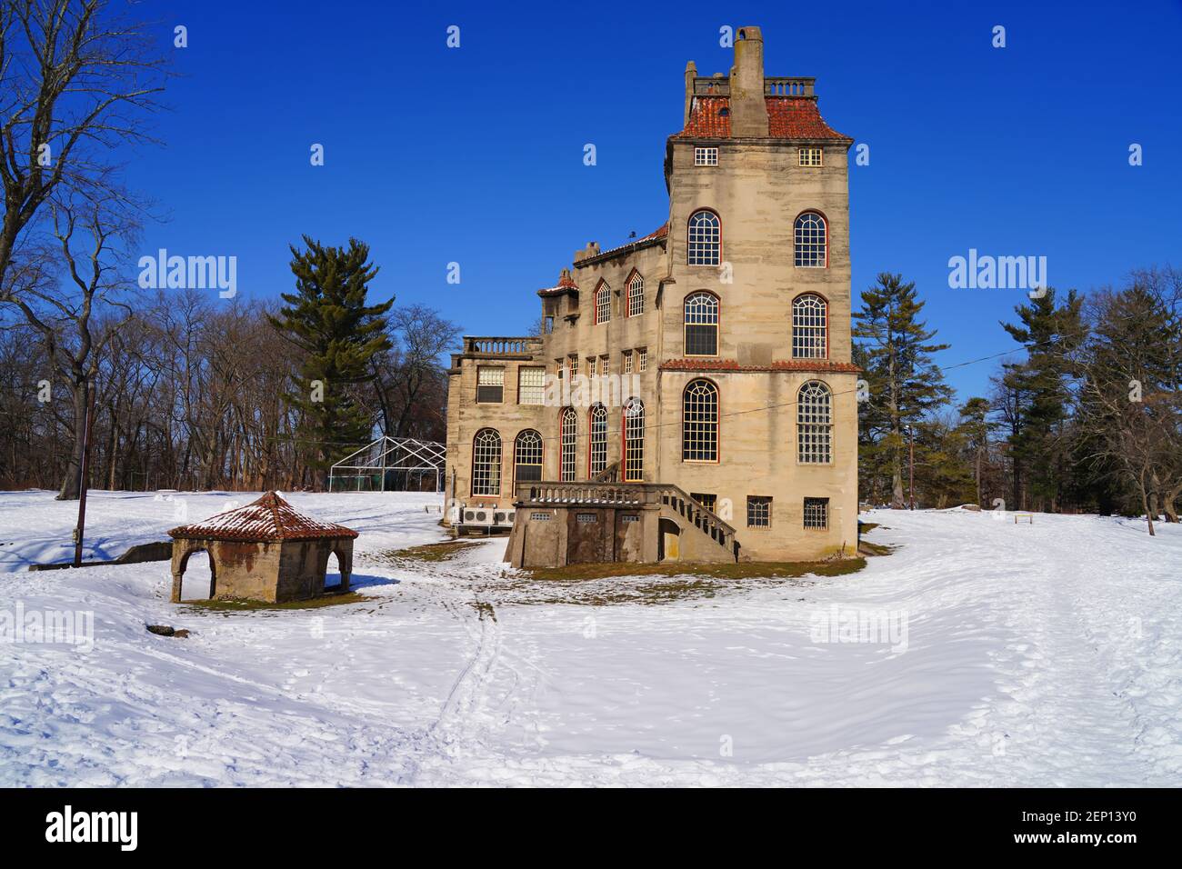 DOYLESTOWN, PA -21 FEB 2021- Winter view of the landmark Fonthill ...