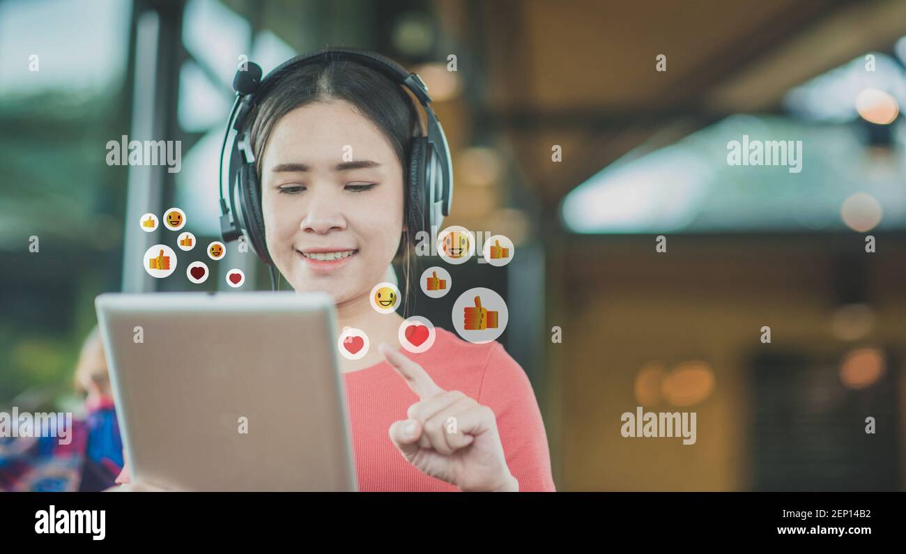 Women happy on social media online network connection with friend Stock ...