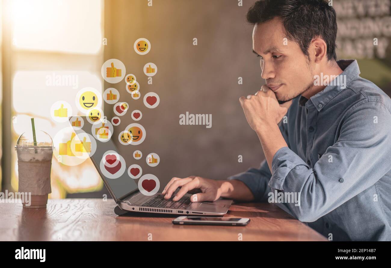 Man happy on social media online network connection with friend Stock ...