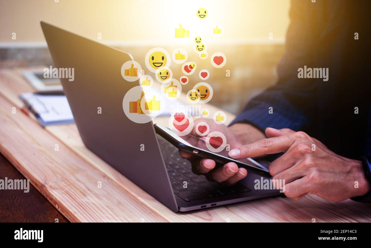 Man happy on social media online network connection with friend Stock ...