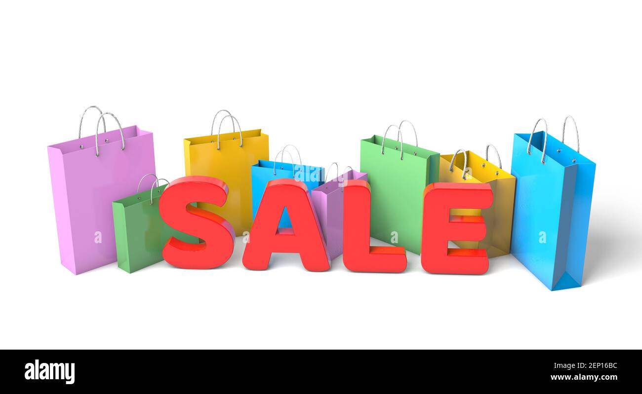 Word SALE and paper bags for shopping. isolated on white background. 3d ...