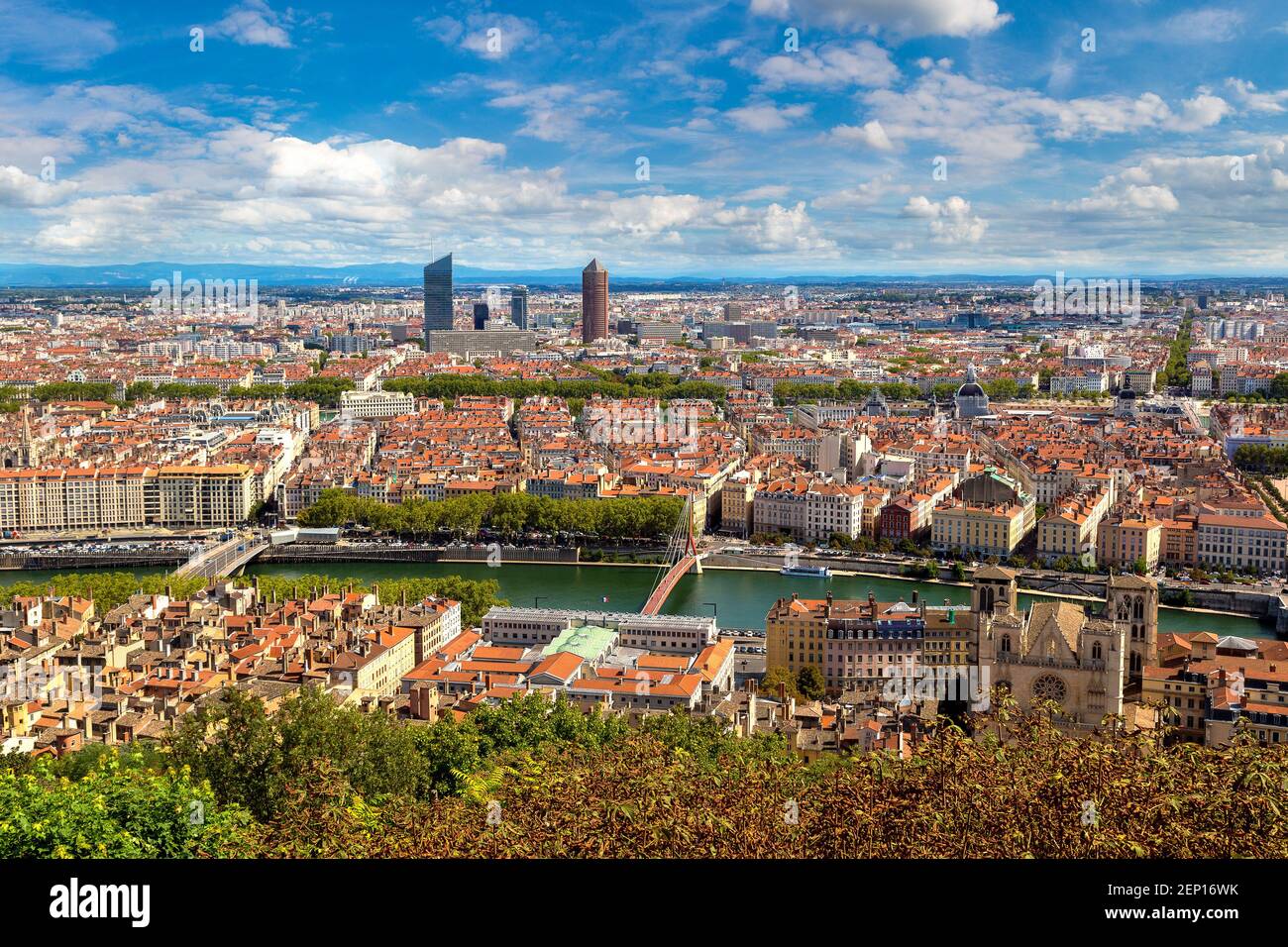 Aerial panoramic view of Lyon, France in a beautiful summer day Stock ...