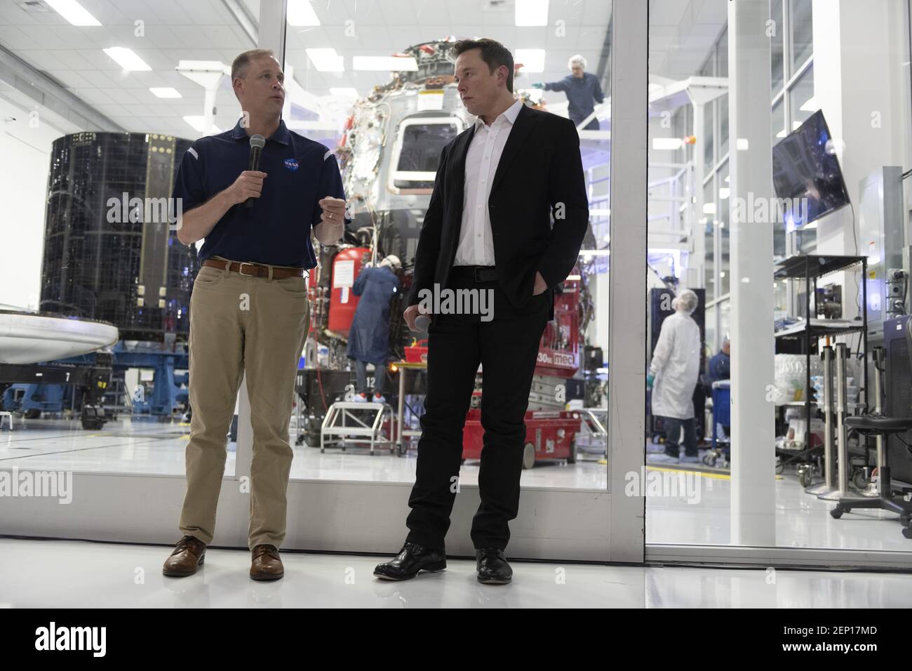 NASA administrator Jim Bridenstine and SpaceX Chief Engineer Elon Musk ...