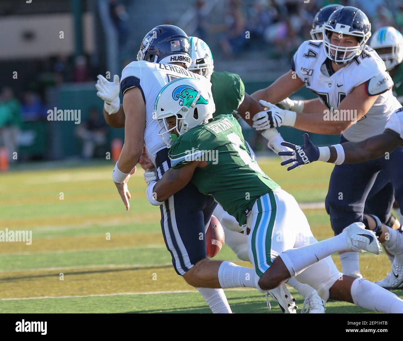 October 12, 2019: Tulane's Larry Bryant #6 sacks the UConn quarterback ...