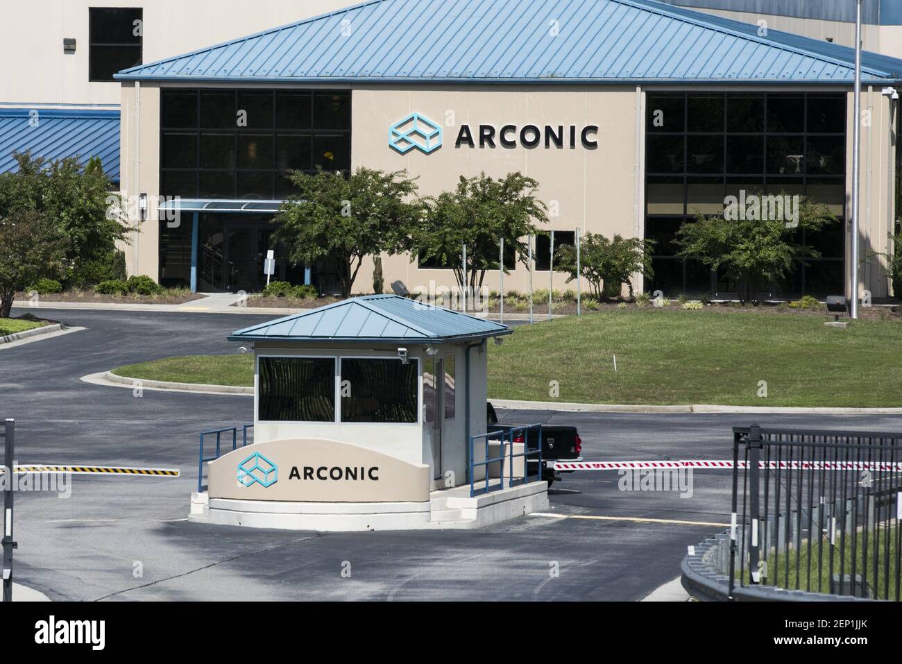 A logo sign outside of a facility occupied by Arconic in Martinsville ...