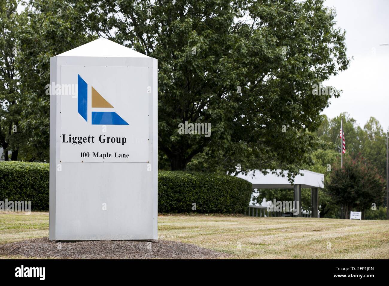 A logo sign outside of the headquarters of The Liggett Group in Mebane ...
