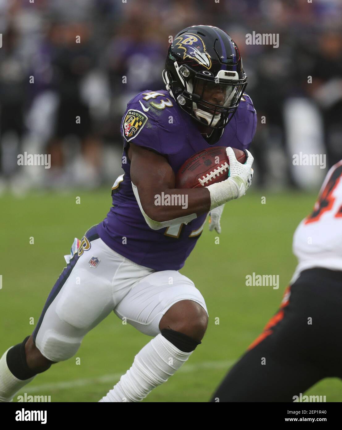 Baltimore Ravens RB Justice Hill (43) in action during a game against ...