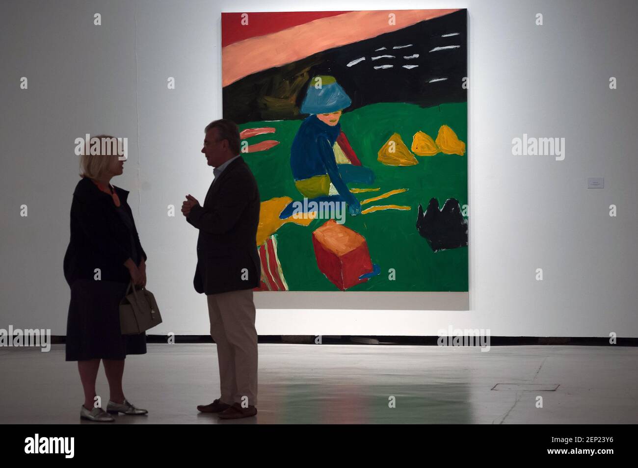 Visitors chatting next to a painting during the exhibition. 'Eleuthera ...