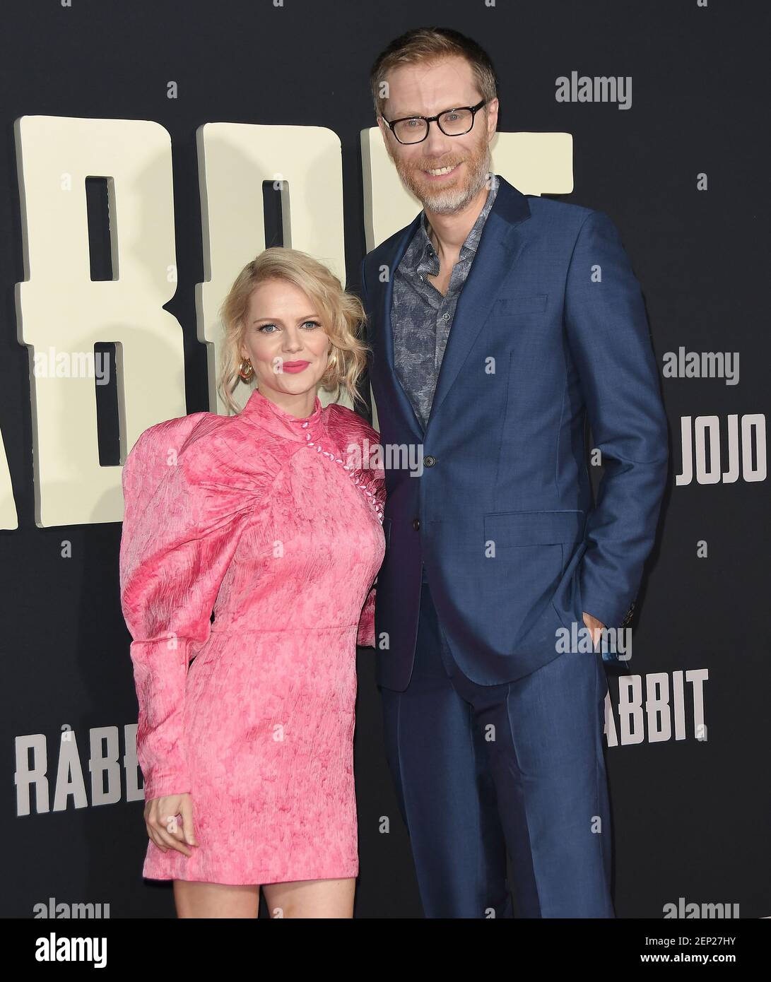 (L-R) Mircea Monroe and Stephen Merchant at the JOJO RABBIT Los Angeles ...