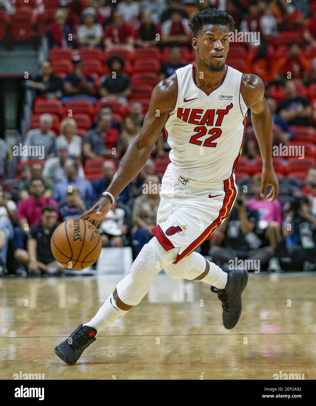 Miami Heat forward Jimmy Butler (22) looks on in the first quarter as ...