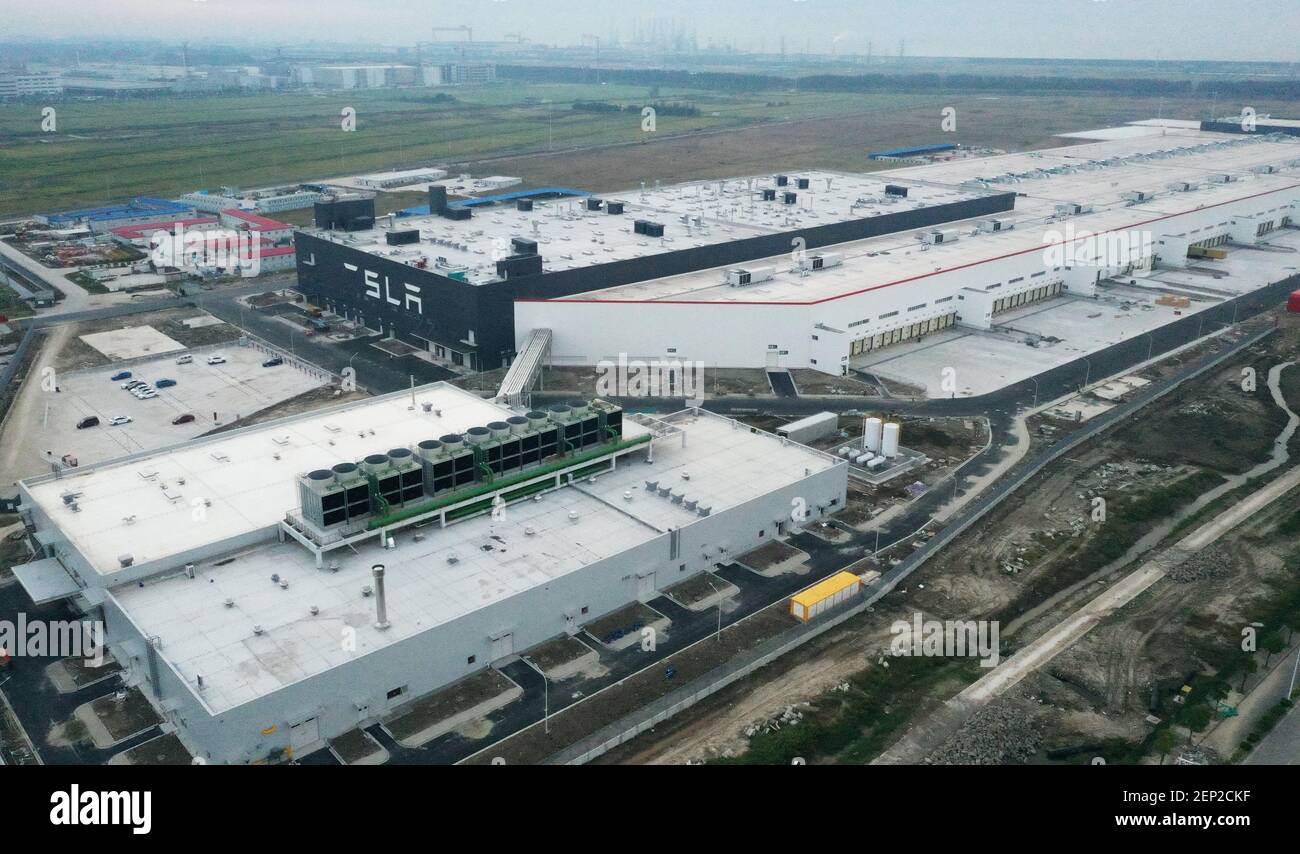 An aerial view of Tesla Gigafactory 3, a factory currently under ...