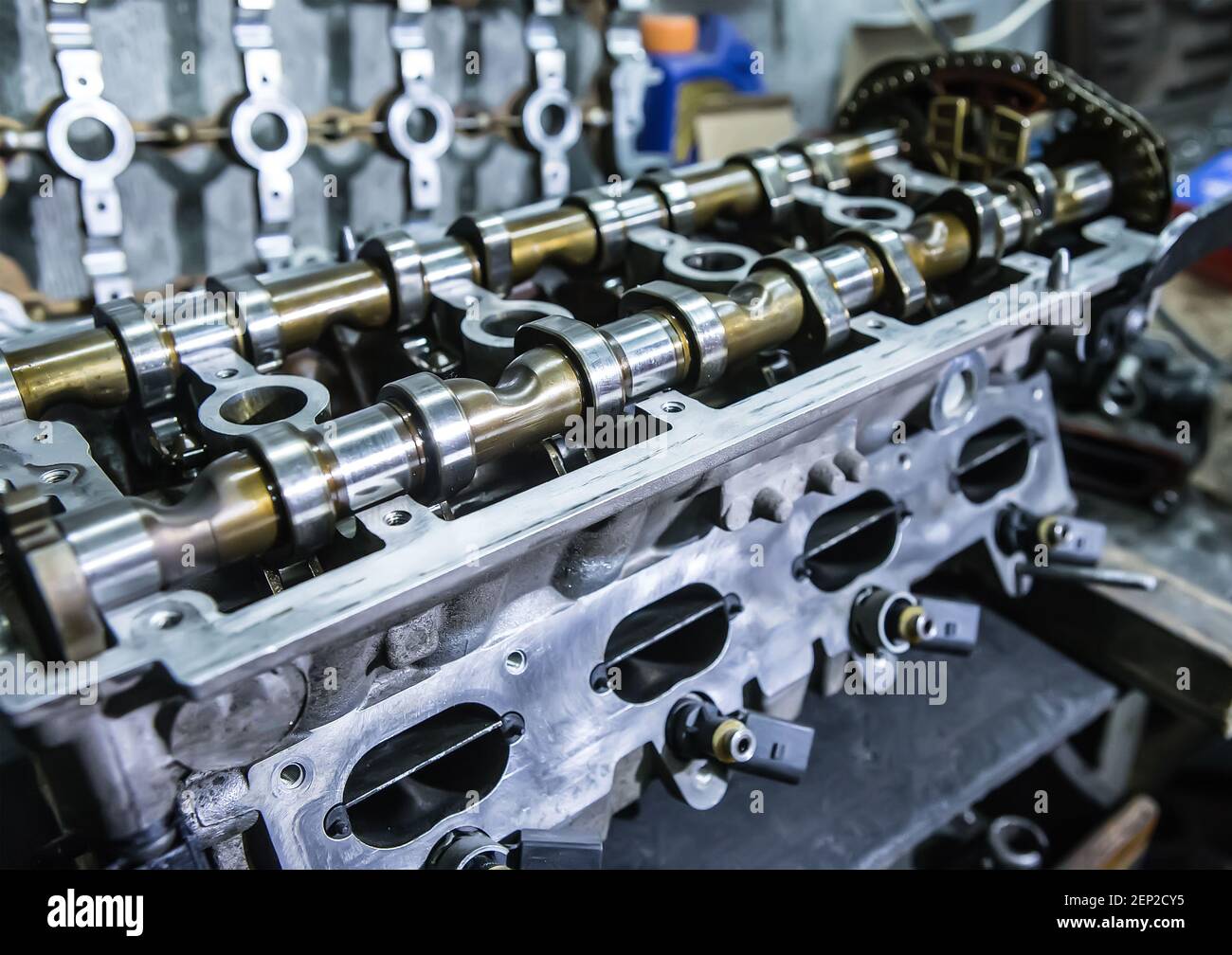 cover of block of petrol engine with cam-shafts Stock Photo - Alamy