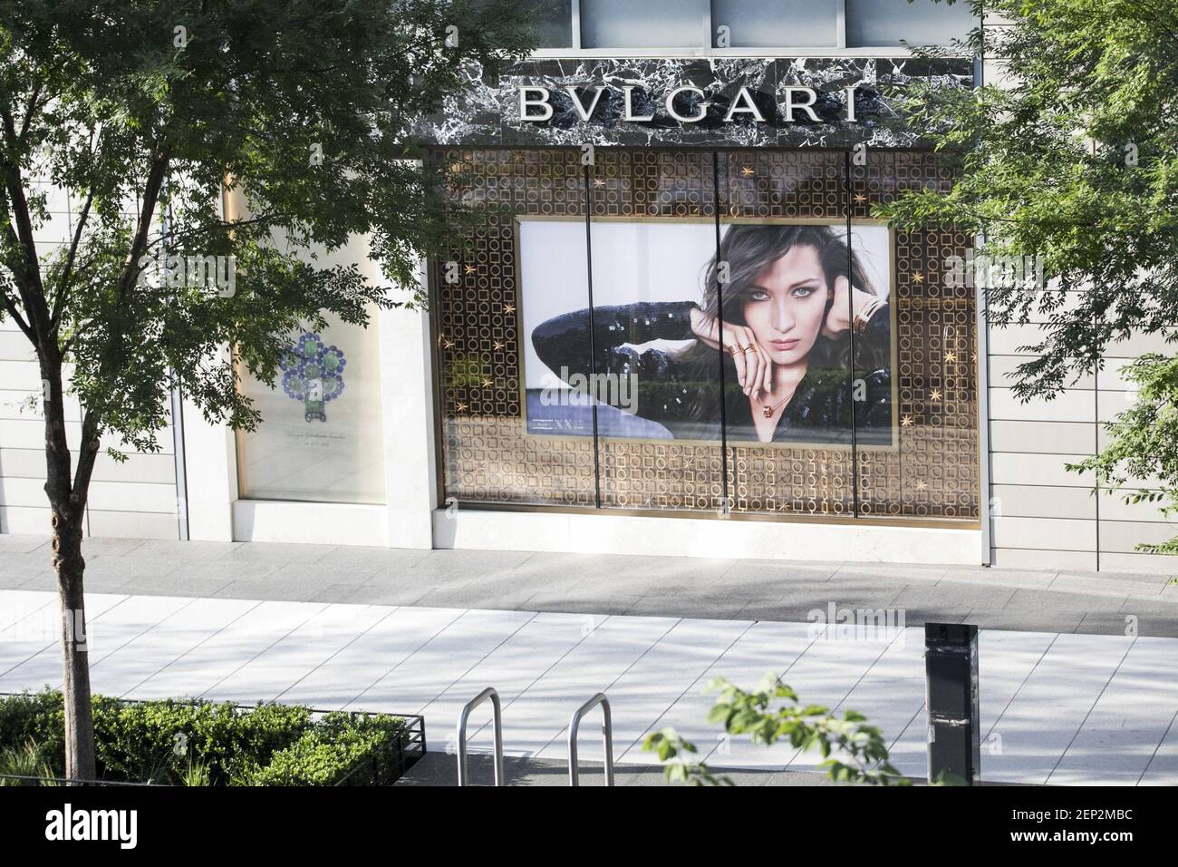 A logo sign outside of a Bulgari retail store location in downtown ...