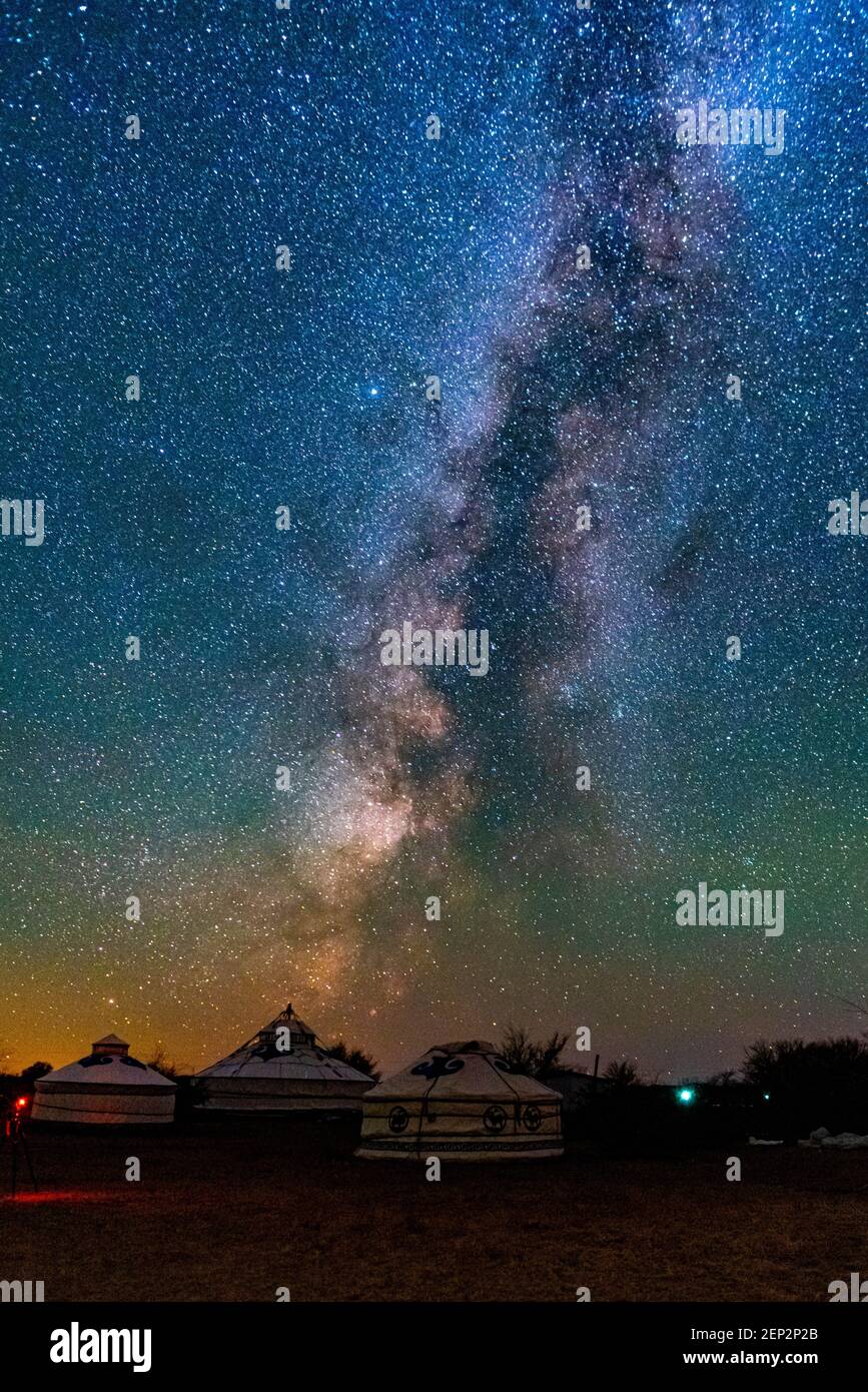 Night view of the Milky Way galaxy in the starry sky over Dalinor Lake ...