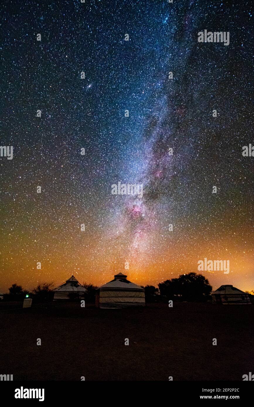 Night view of the Milky Way galaxy in the starry sky over Dalinor Lake in Hexigten Banner in ...