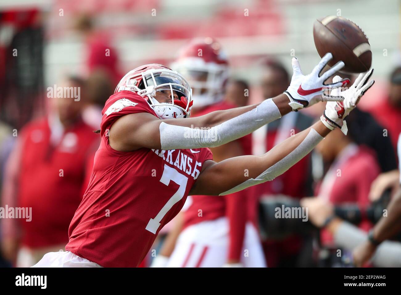 October 19, 2019: Razorback receiver Trey Knox #7 reaches for a ball ...
