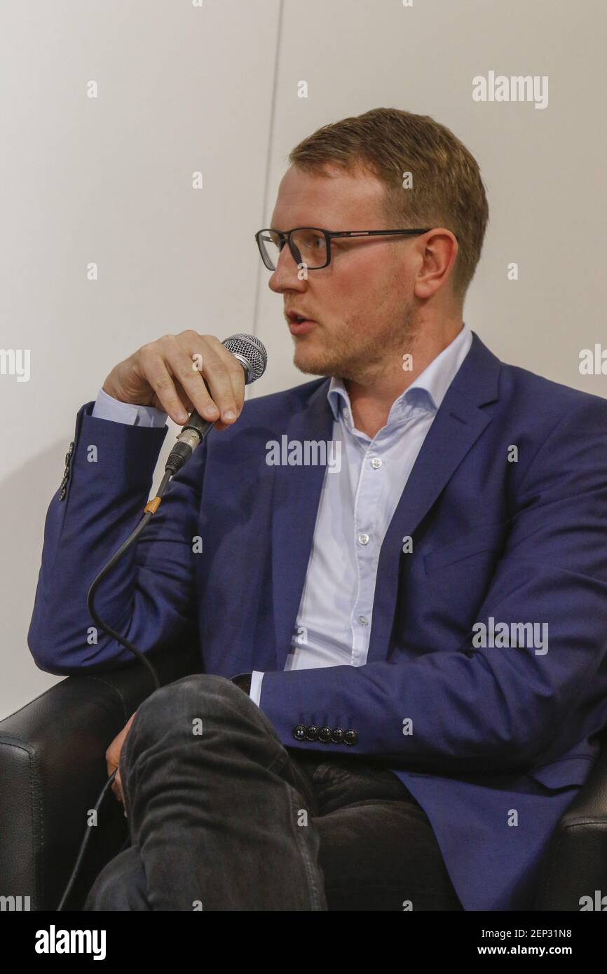 German sociologist Matthias Quent talks at the Frankfurt Book Fair. The ...