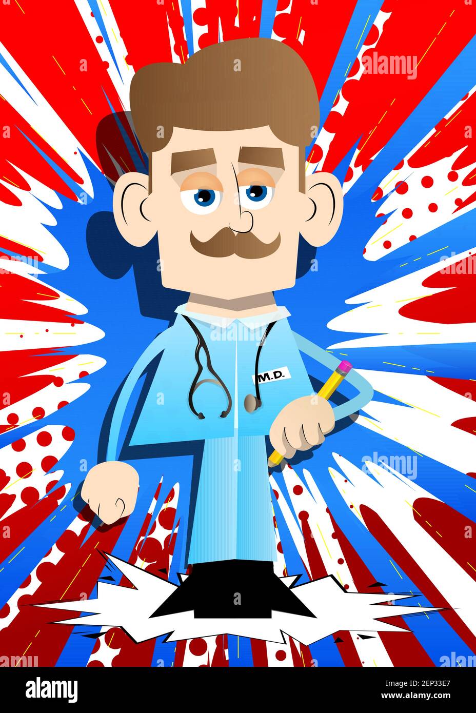 Funny cartoon doctor holding a pencil. Vector illustration. Health care ...