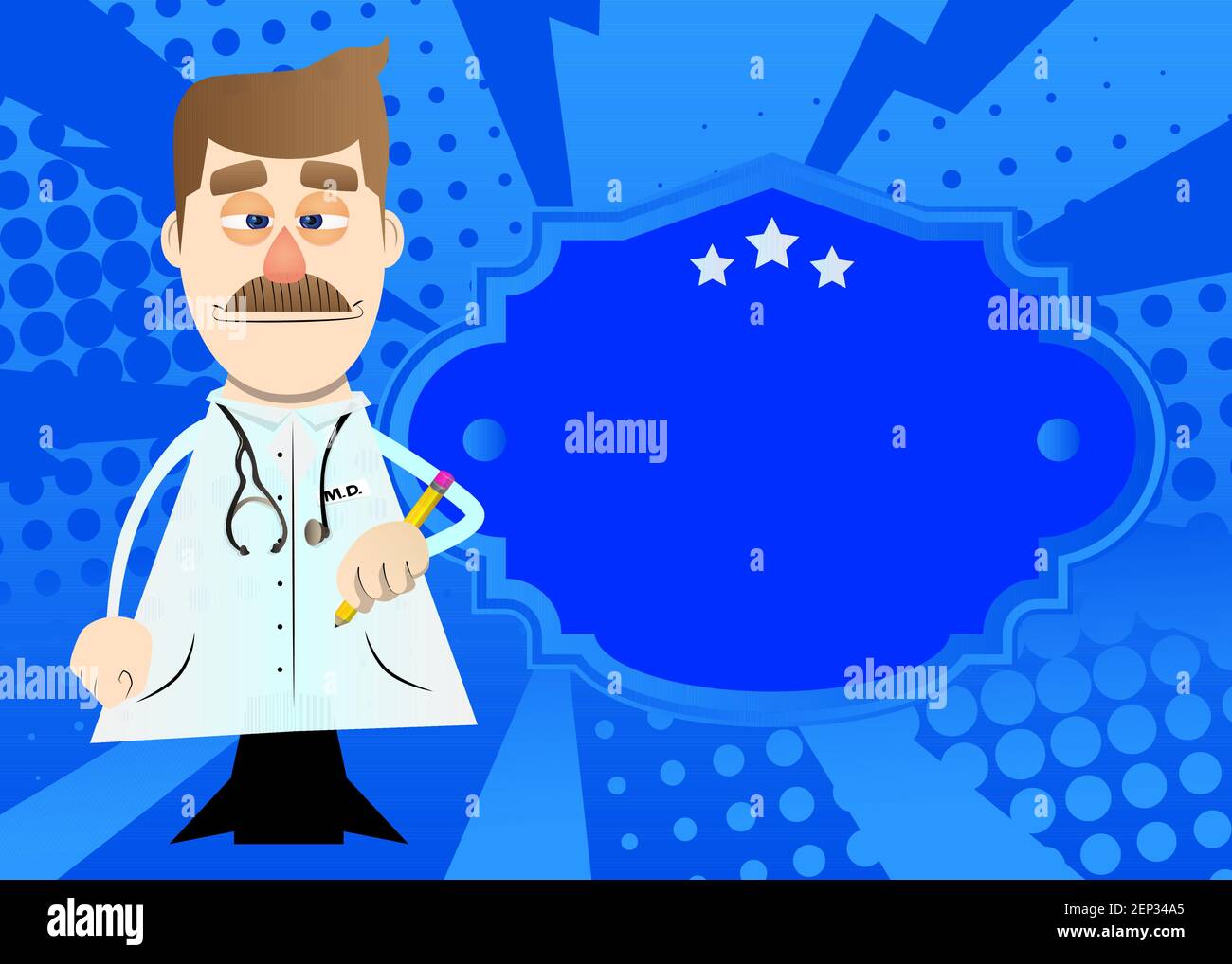 Funny cartoon doctor holding a pencil. Vector illustration. Health care ...