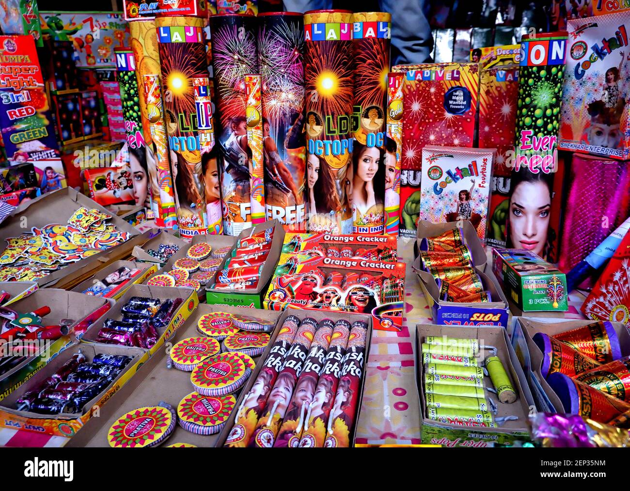 Firecrackers are being displayed by a Trader at a Fire works Market in ...