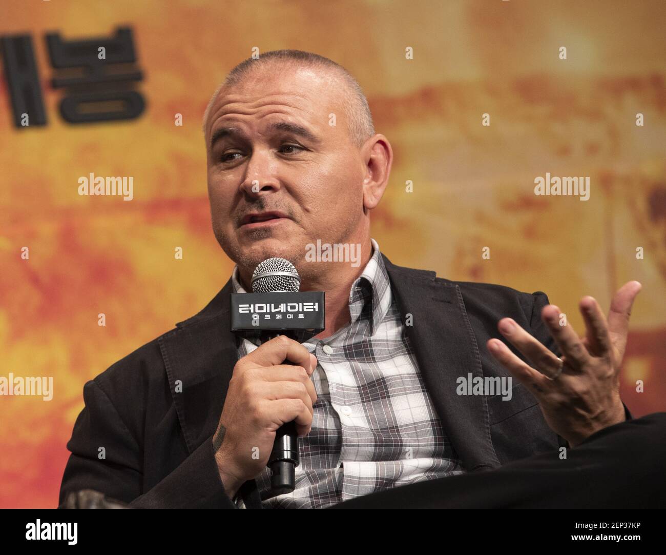 Director Tim Miller attends a press conference for the Film Terminator ...